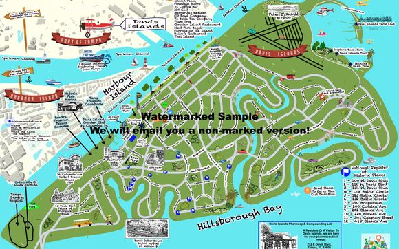 Two Days Only -- Whimsical Davis Islands Map by Tampa Handmade in Land ...