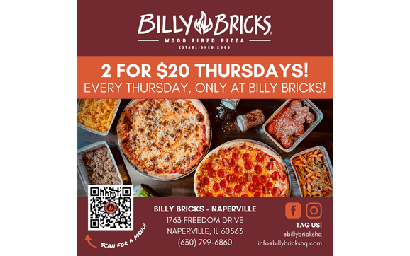 2 Specialty Pizzas for $20! by Billy Bricks Wood Fired Pizza ...