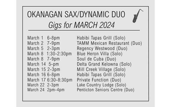 March 2024 Monthly Gig Line-up by Okanagan Sax in Kelowna, BC - Alignable