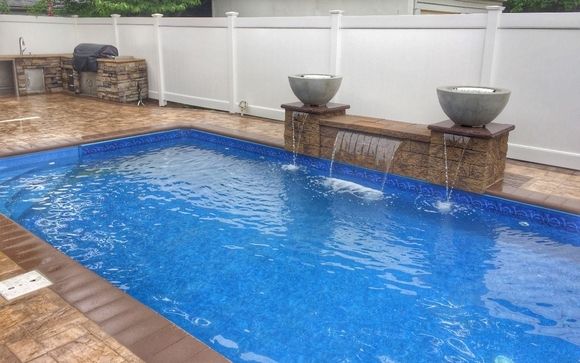 Cambridge Paver Pool with Fire Bowls and Sheer Descent LED Waterfalls ...