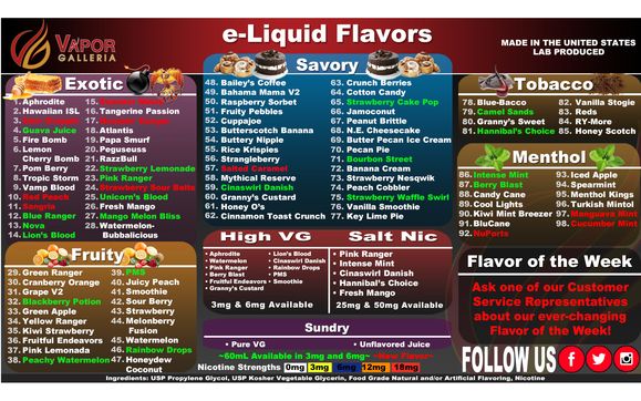 Vape Juice Menu by CBD Retailer Vapor Galleria in Grand Prairie, TX ...