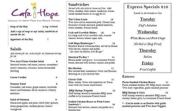 Restaurant Menu by Cafe Hope in Gretna, LA - Alignable