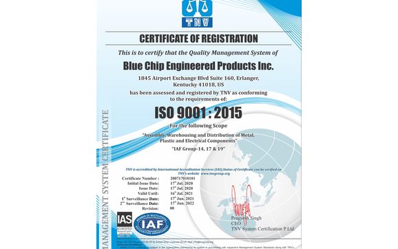 ISO 9001 Certified by Blue Chip Engineered Products LLC in Erlanger, KY ...