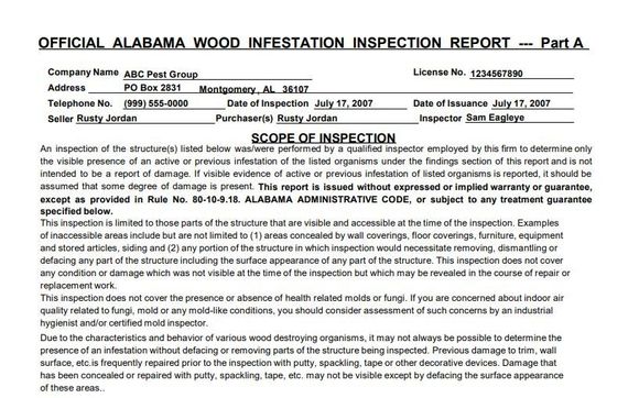Alabama Wood Infestation Inspection Report- Termite Inspection for Real ...