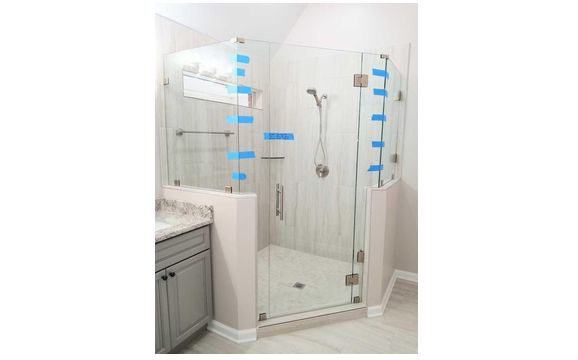 Neo-Angle Shower enclosure; Clear Glass, Brushed nickle hardware; Knee ...