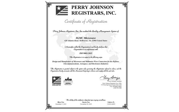 ISO 9001 Certified by SGMC Microwave in Melbourne, FL - Alignable