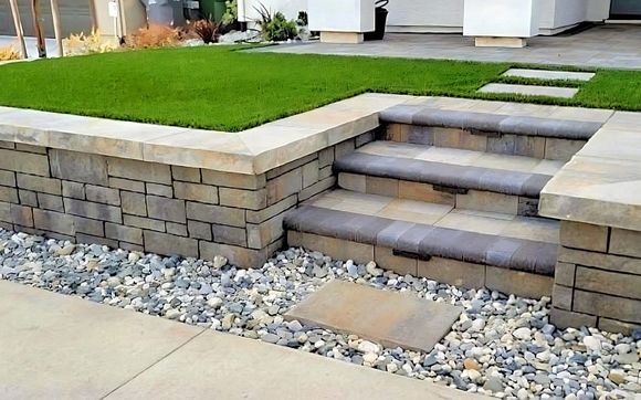 Elegant Paver Paradise: Retaining Wall, Artificial Turf, Steps Entrance ...