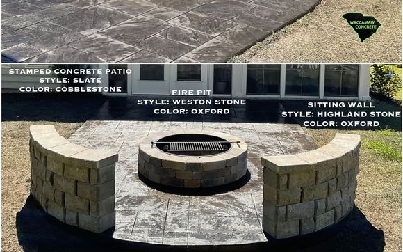 Stamped Concrete with Fire Pit & Sitting Wall by Waccamaw Concrete in ...
